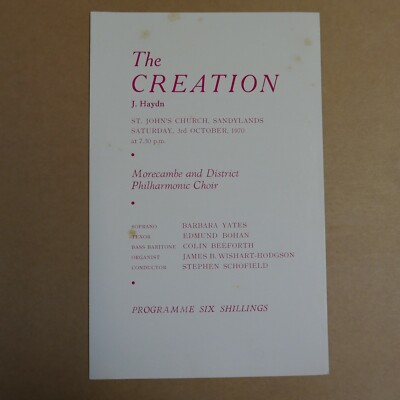 concert programme MORECAMBE PHILHARMONIC CHOIR - THE CREATION 1970 ...