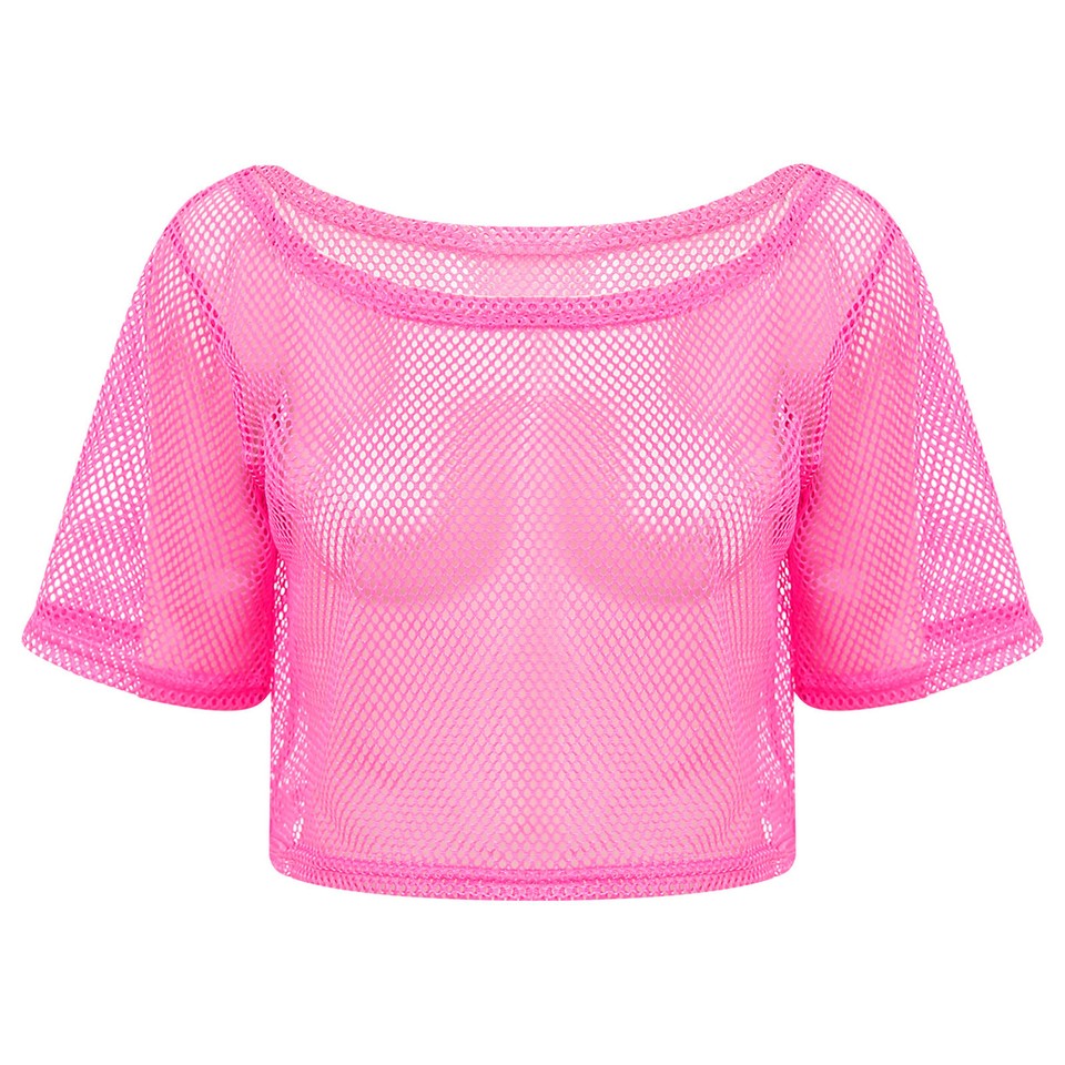 Womens Mesh Fishnet Tank Crop Tops Net See Through Club Short Sleeve T ...