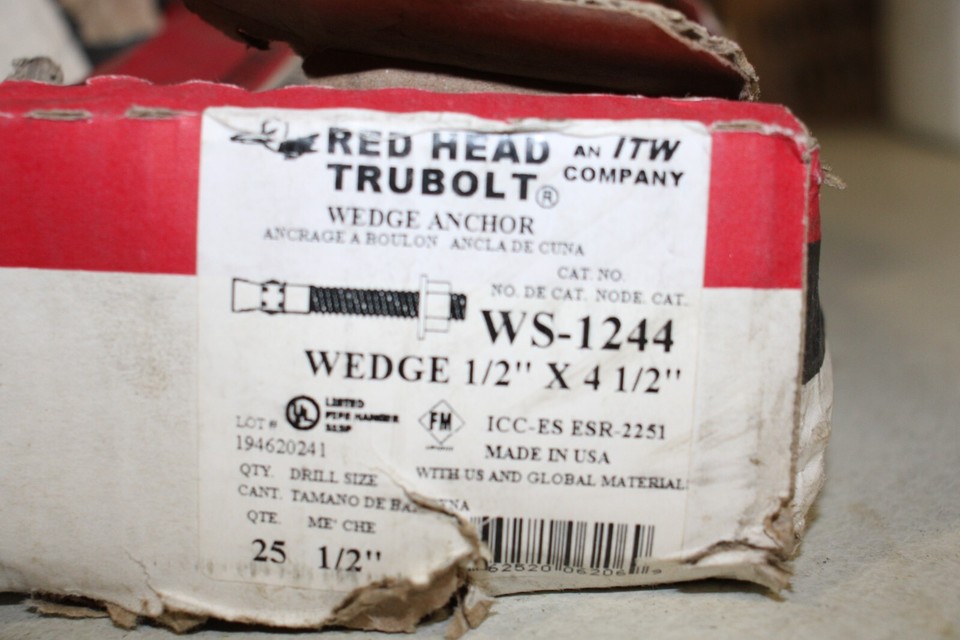 Red Head TRUBOLT Ws-1244 Wedge Anchor, 1/2" X 4-1/2", BOX OF 24 | eBay