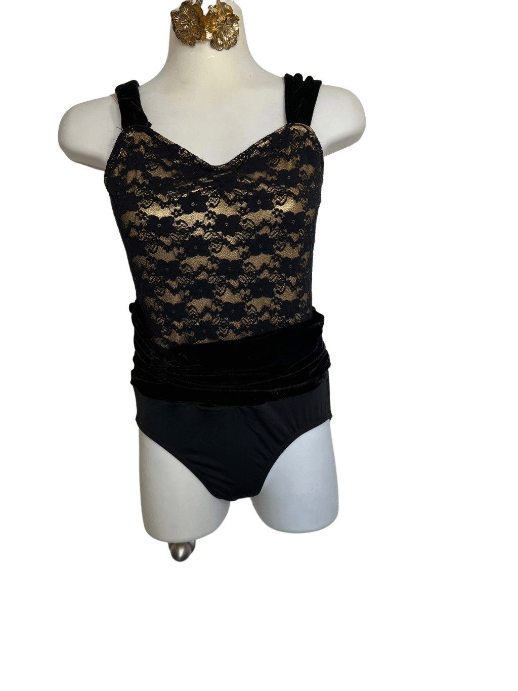 Weissman Girls L Leotard Unitard Gold Black Lace Danc… - Gem