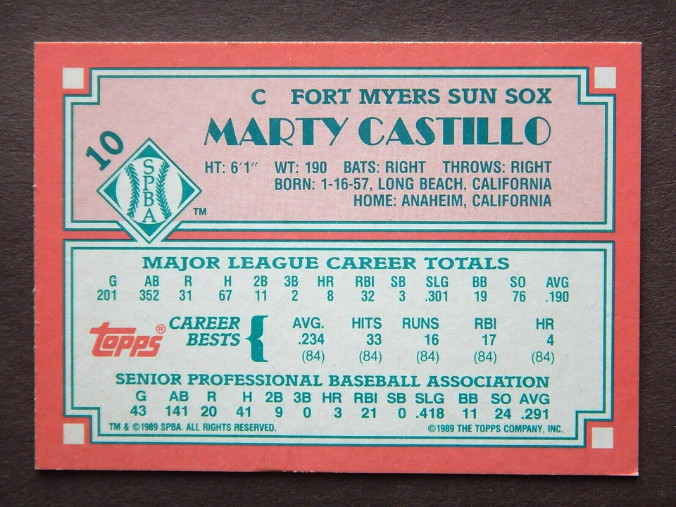 Marty Castillo #10 Topps Senior League 1989 Baseball Card (Ft Myers Sun ...