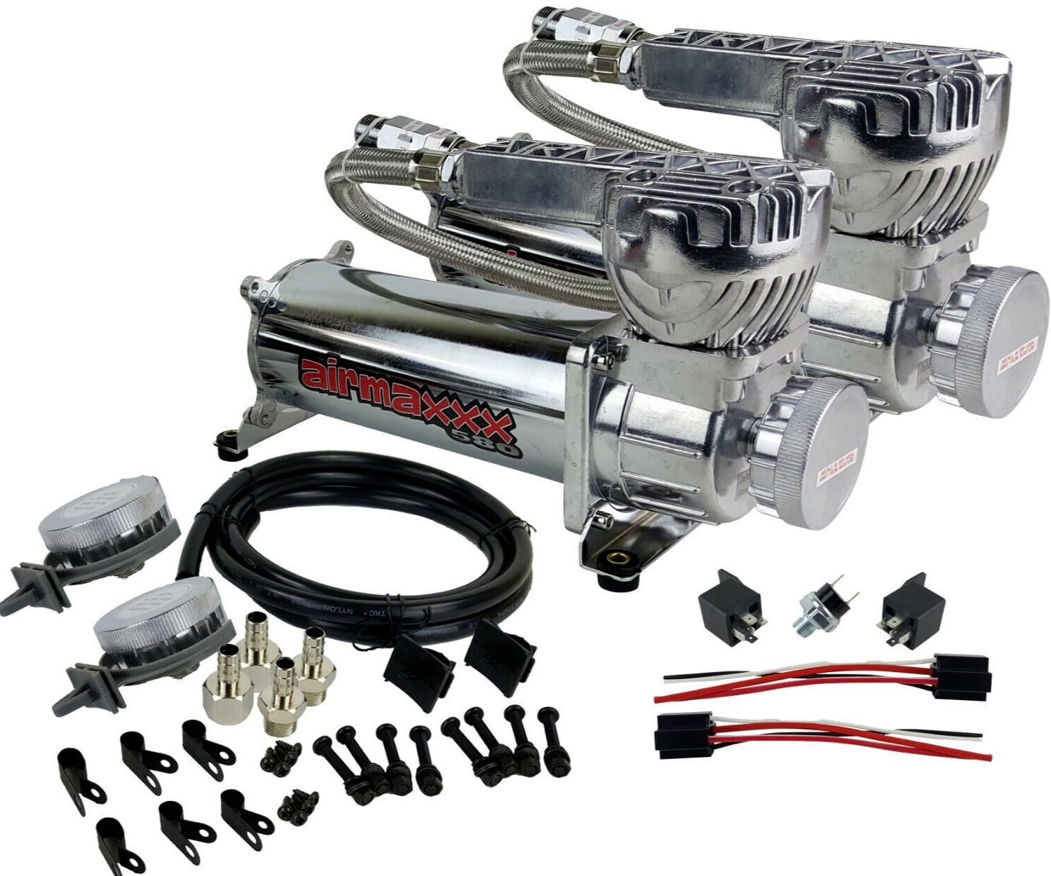 Airmaxxx Dual 580 Chrome Compressors Kit with Switch & Filter Relocate