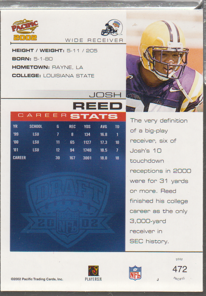 Josh Reed LSU Autographed 2002 Pacific #472 w/COA 091223NPCD75 | eBay