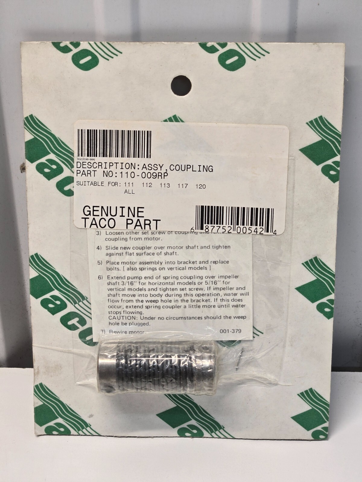 TACO 110-009RP Taco Pump Spring Coupler Assembly NEW IN PACKAGE n4 | eBay