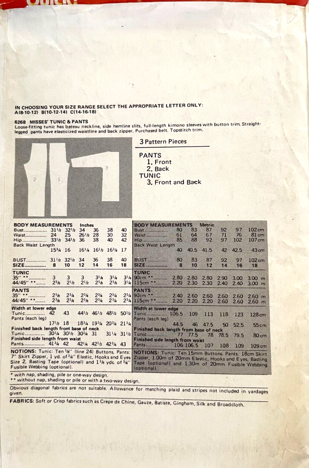 1970's Butterick Misses' Tunic,Pants Pattern 6268 Size 10-14 UNCUT | eBay