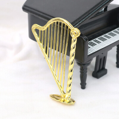 2PC Dolls House Miniatures 1:12 Scale Doll Musical Instrument Gold Harp ...