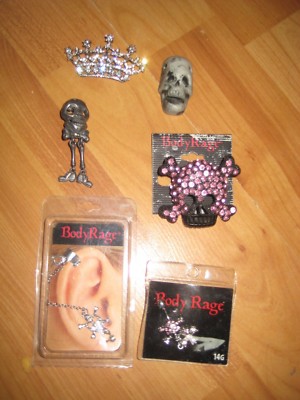 Lot 6 PINK CLEAR CZ BODY RAGE SKULL CHARM BELLY RING PINS EAR CUFF GOTH ...
