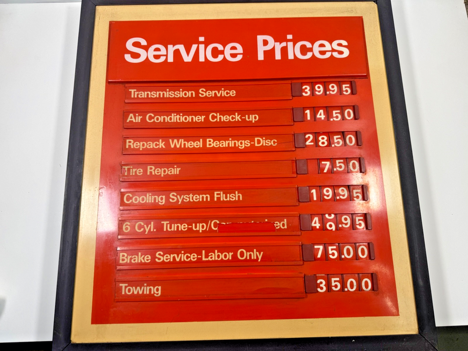 Antique Service price sign adjustable. 24" x 22" x 2". Metal frame ...