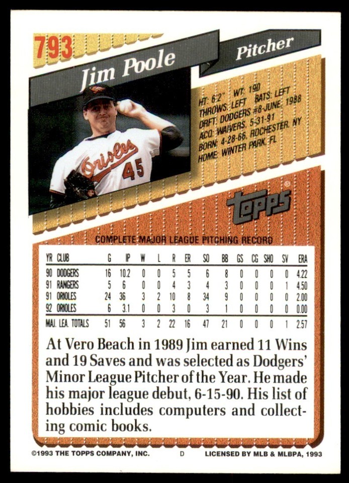 1993 Topps Baseball #793 Jim Poole | eBay