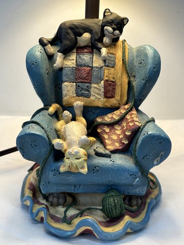 Vtg Cat Lamp & Shade Chair Kitschy Crazy Cat Lady Small Table Lamp Blue ...