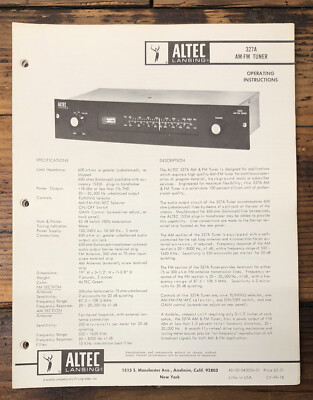 Altec Model 327A AM FM Tuner Owner / User Manual *Original* | eBay