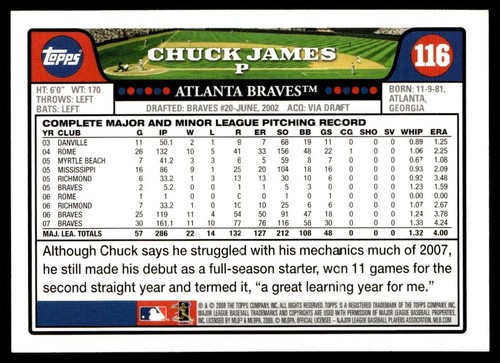2008 Topps Chuck James Atlanta Braves #116 | eBay