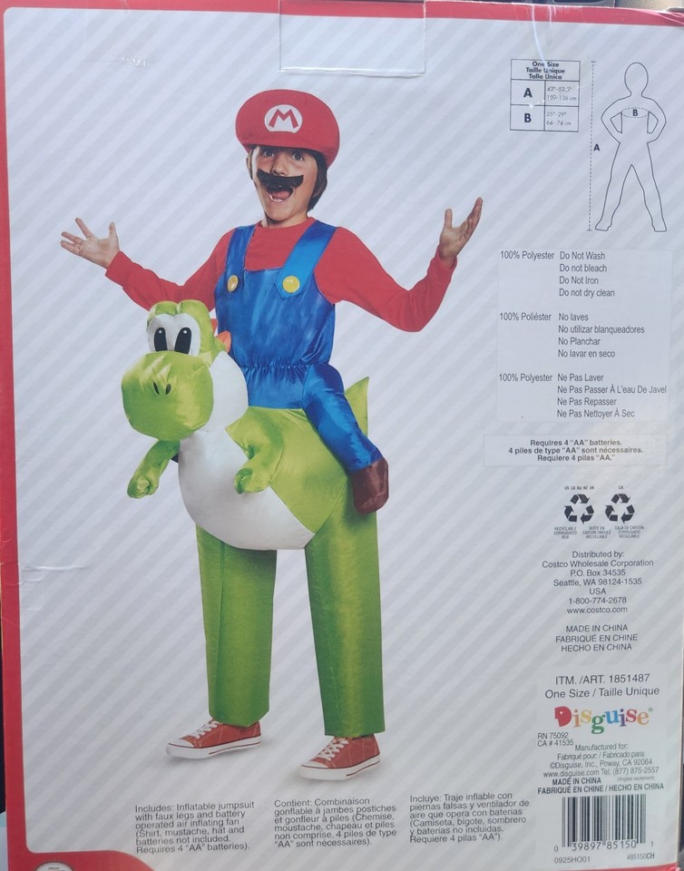 Super Mario Bros. Mario Riding Yoshi Inflatable Costume Halloween Kids ...