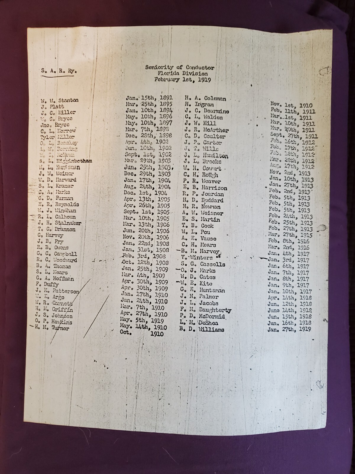 S. A. R Railway Conductor Seniority Roster - Florida Division, February ...