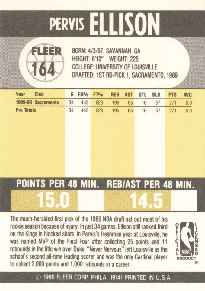 Pervis Ellison 1990-91 Fleer #164 Washington Bullets RC | eBay