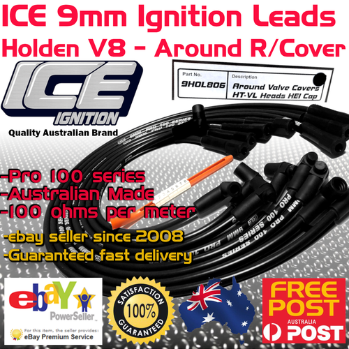 ICE PRO 100 9mm Spark Plug Leads V8 Holden HT-VL Around R/Covers HEI ...