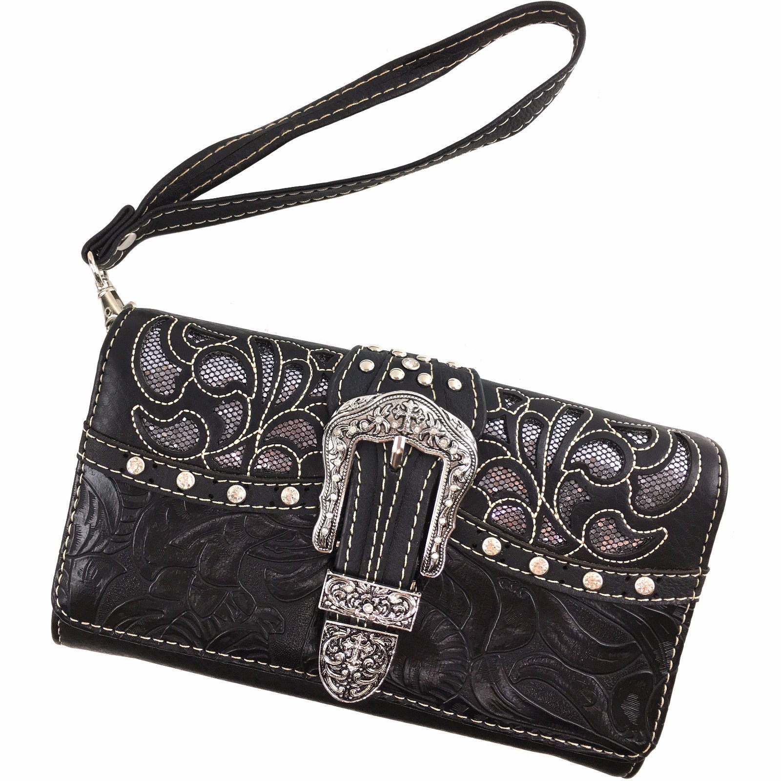 Justin West Tooled Cut Western Shiny Buckle Conceal Carry Purse Wallet ...