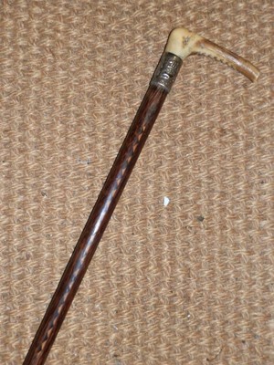 Antique Walking Stick W/ Silver Hunting Scene Collar & Rose-Wood Inlay ...