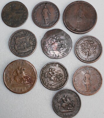 10 Assorted Copper Canadian Bank Tokens Circa 1850-1857 Anchor Ship 1c ...