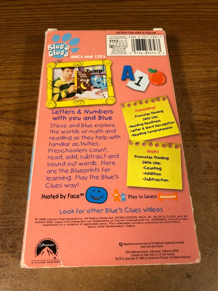 Blue's Clues ABCs and 123s VHS VCR Video Tape Used Nick Jr. 97368357433 ...
