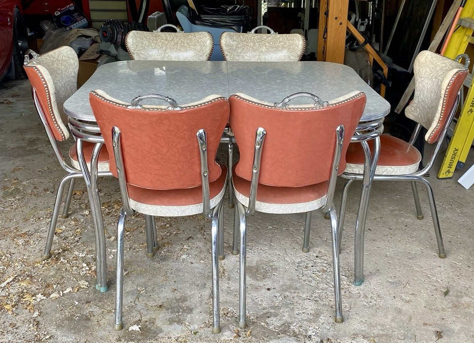 Vintage Red Formica Chrome Dinette Dining Kitchen Table, 6 Chairs, 2 ...