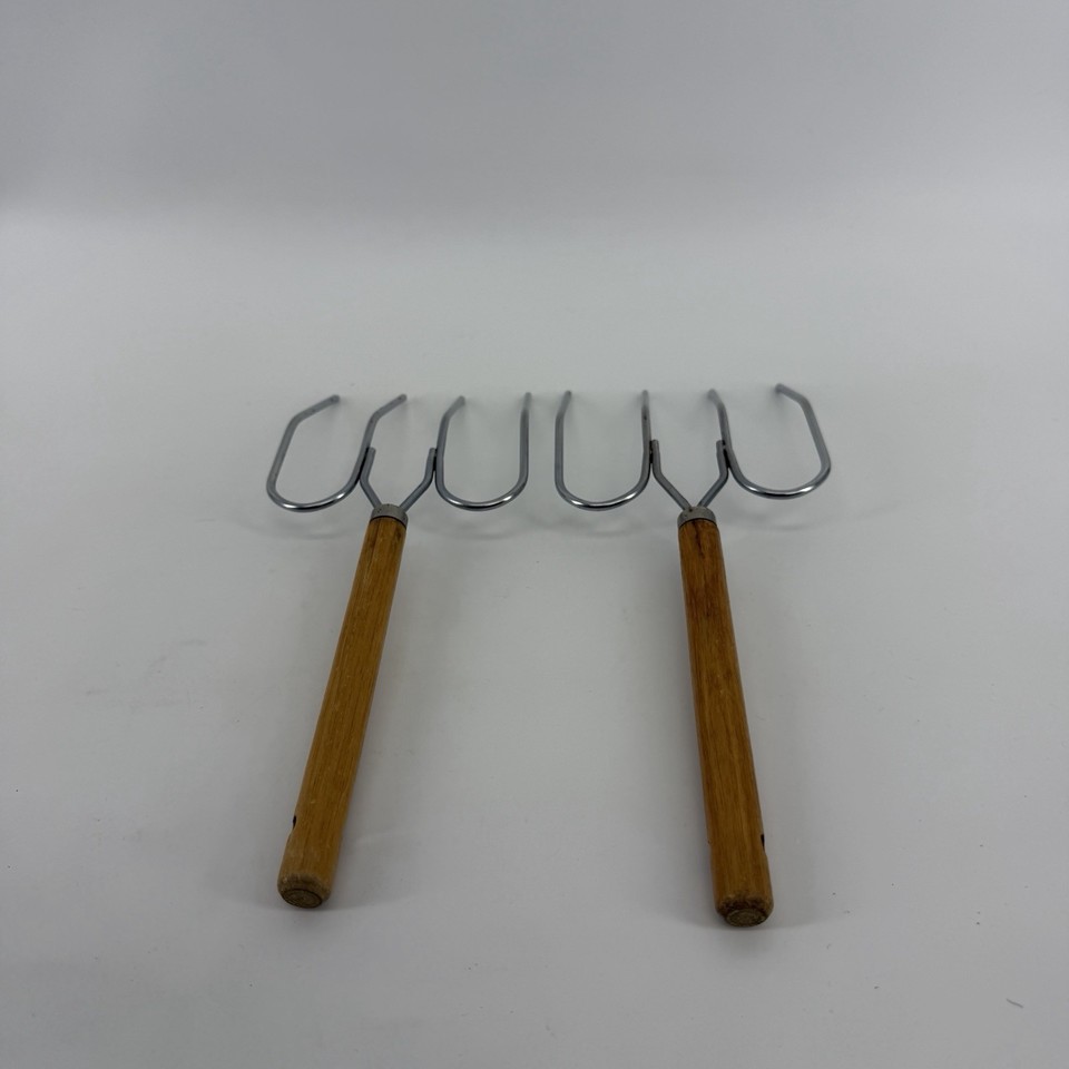 Pair Of Vintage 4-Prong MEAT LIFTING FORKS With Wood Handles 10.5 ...