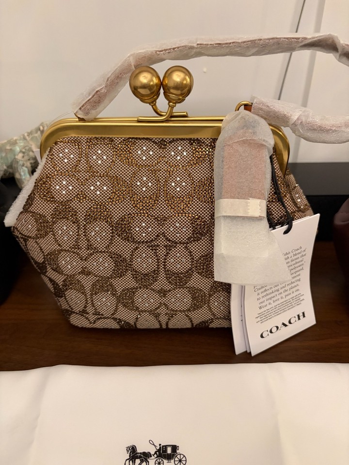 Coach Kisslock Frame Bag 16 in Brass/Black Currant, Black + Jacquard ...