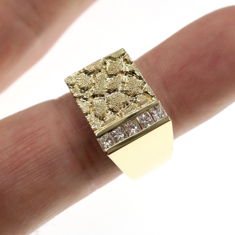 Classic Mens 14k Solid Yellow Gold Nugget Natural Prince Cut Diamond ...