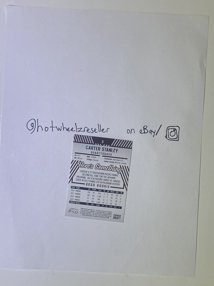 2020 Sage Hit Premier Draft Carter Stanley RC Kansas Quarterback Red ...