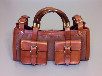 BURBERRY PRORSUM Brown Leather Bag Satchel Handbag Bamboo Handles ...