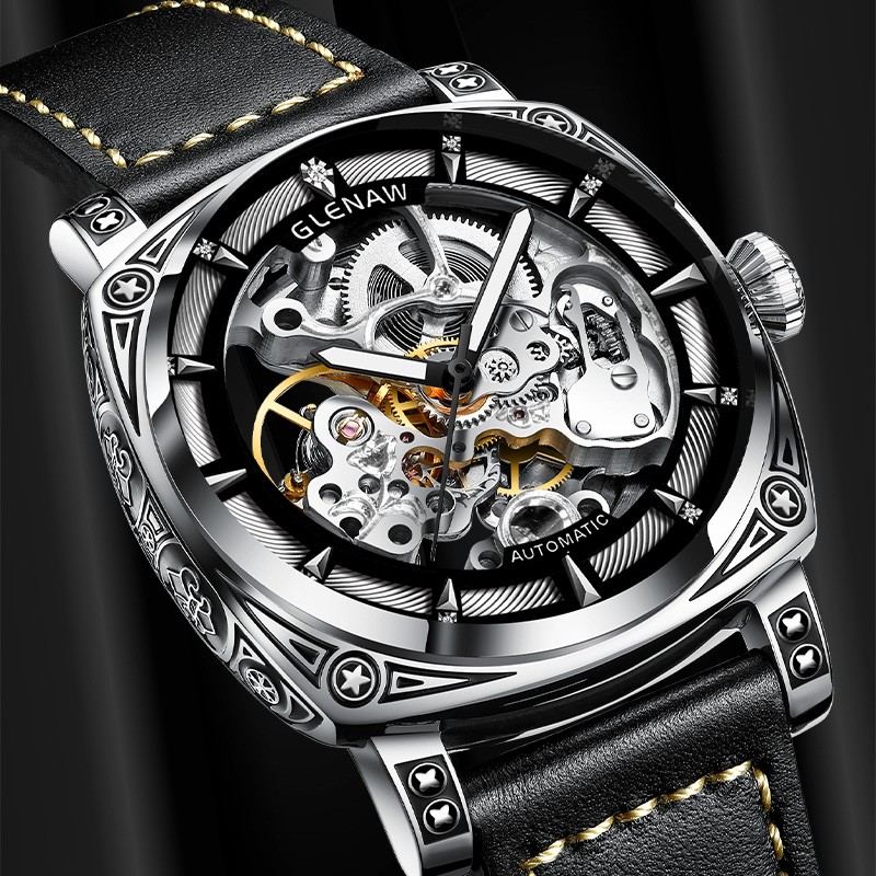 GLENAW Men's Watch retro skeleton dial automatic winding 3ATM ...