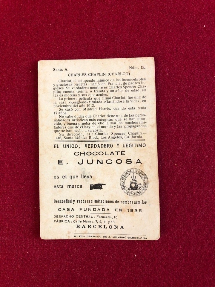 1920's, Charlie Chaplin, "Barcelona Candy Card" (Scarce) "The Little ...
