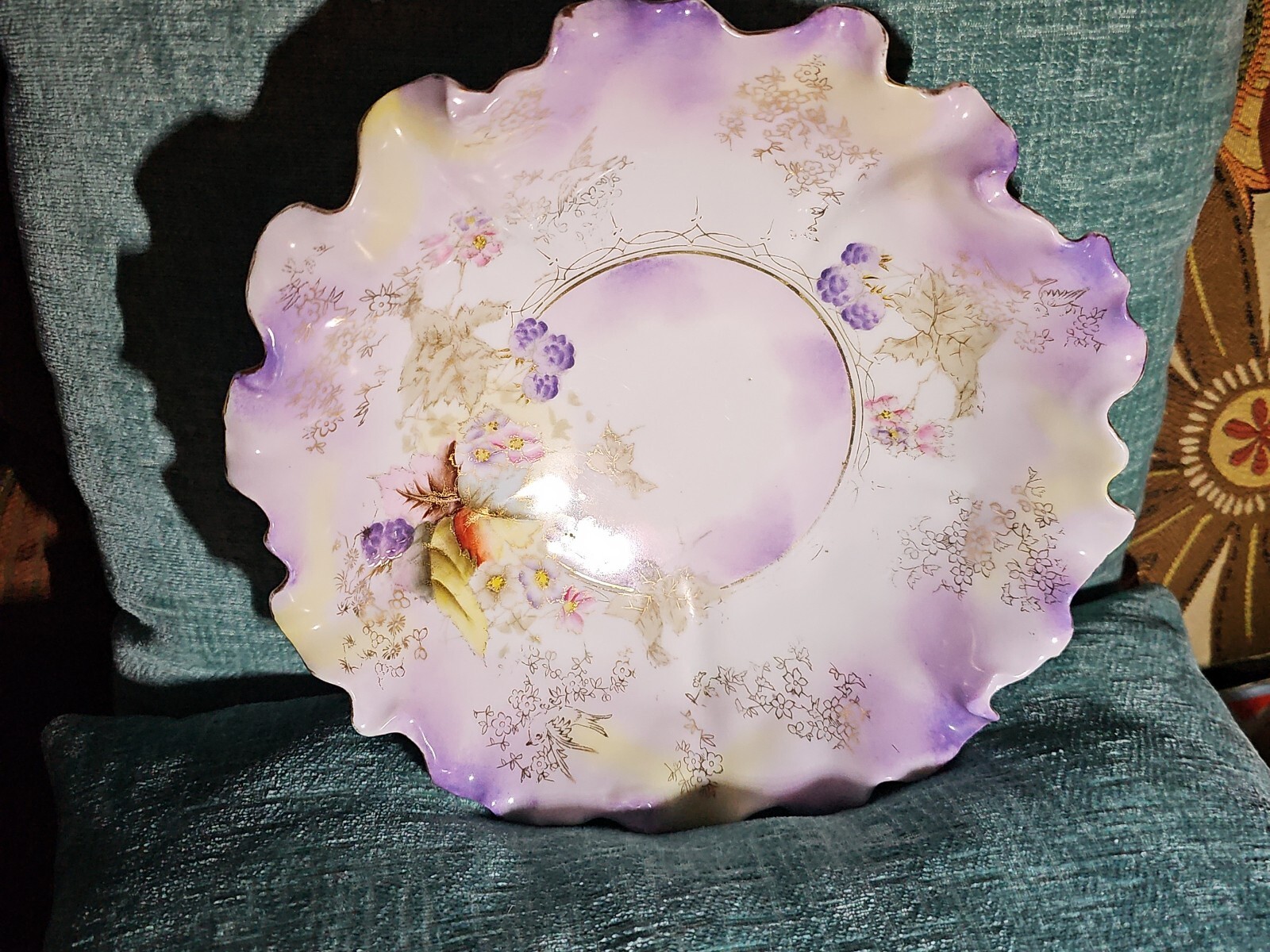 Large Antique Porcelain Serving Bowl Purple Raspberries, Pink Floral ...