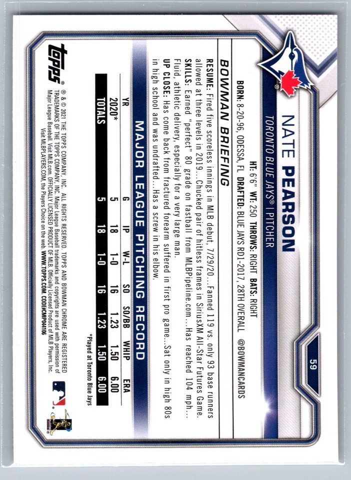 2021 Bowman Baseball #59 Nate Pearson RC Toronto Blue Jays | eBay
