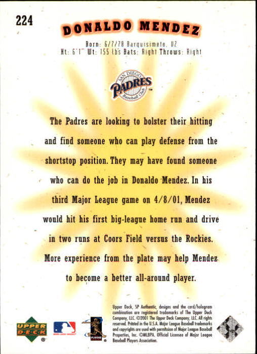 2001 SP Authentic #224 Donaldo Mendez FW RC Rookie Card /1500 | eBay