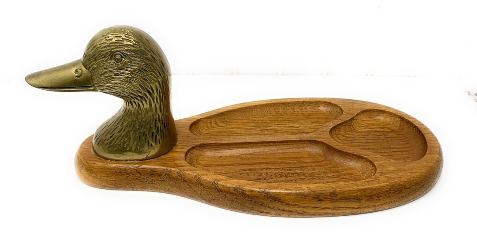 Vintage Brass Duck Head on Wood Duck Shape Desk Tray Valet Trinket ...