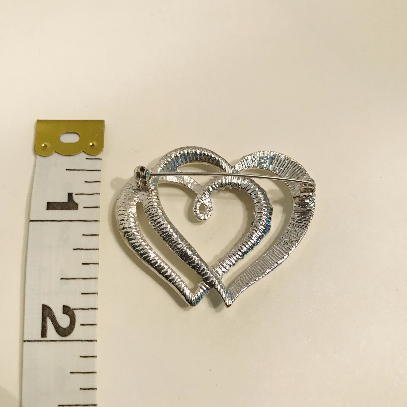 Double Heart Rhinestone Pin Silver Tone 2” Brooch Pin J6869 | eBay