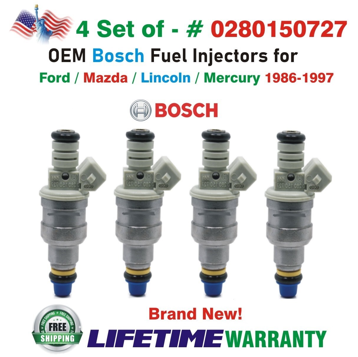 NEW OEM Bosch x4 Fuel Injectors for 1986-1997 MERCURY/FORD/LINCOLN ...