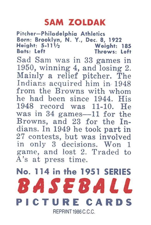 1986 Card Collectors Company 1951 Bowman Reprint #114 Sam Zoldak NM-MT ...