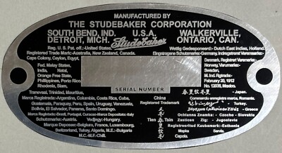 STUDEBAKER SERIAL NUMBER DATA PLATE ID TAG Oval Early mid 1920s 1923 ...