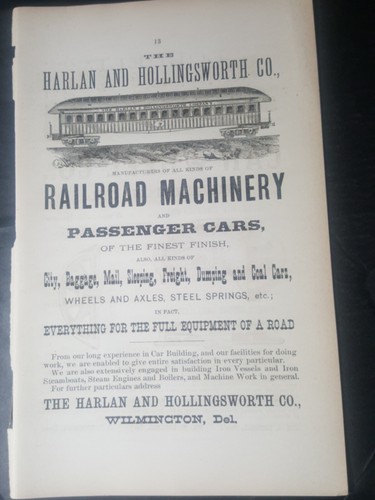 1876 original print ad HARLAN & HOLLINGSWORTH railroad cars Wilmington ...
