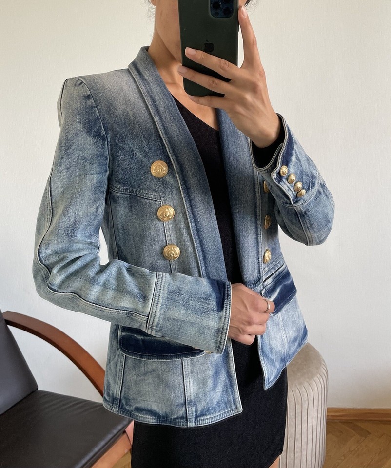Stunning Authentic Balmain Washed Blue Denim Gold Buttons Jacket Blazer ...