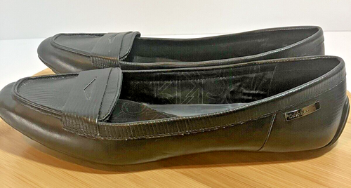 CALVIN KLEIN Womens Tammy Black Leather Penny Loafer Driving Flats Shoe ...