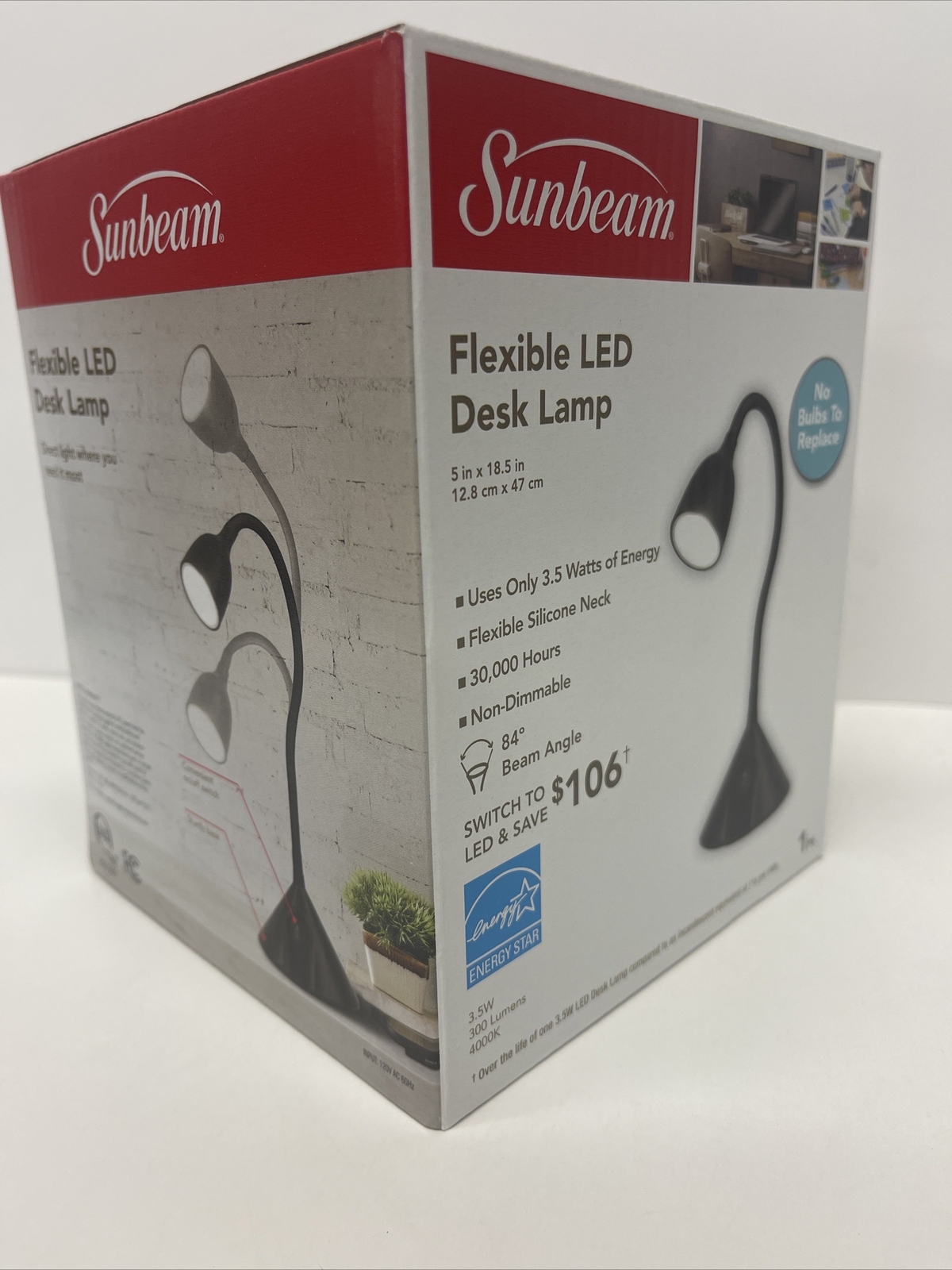 SUNBEAM Flexible Neck LED Desk LAMP Adjustable Light Energy Star (Black ...