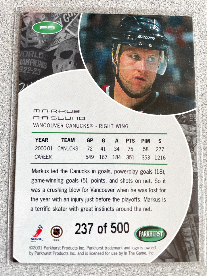 2001-02 Parkhurst Silver Markus Naslund Card /500 #29 Vancouver Canucks ...