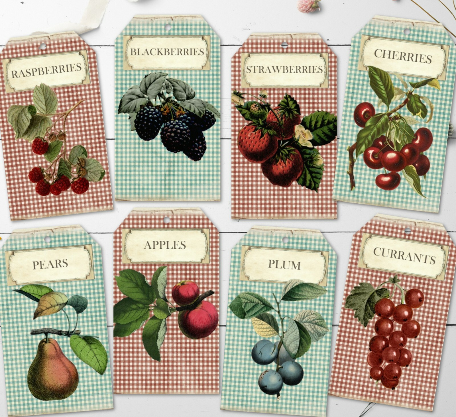 8 Vintage Country Kitchen Gingham Fruit Gift Tags & String | eBay UK