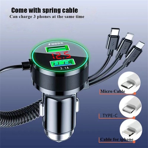 USB Car Charger Fast Charging Adapter with Spring Cable 3 in 1 For ...