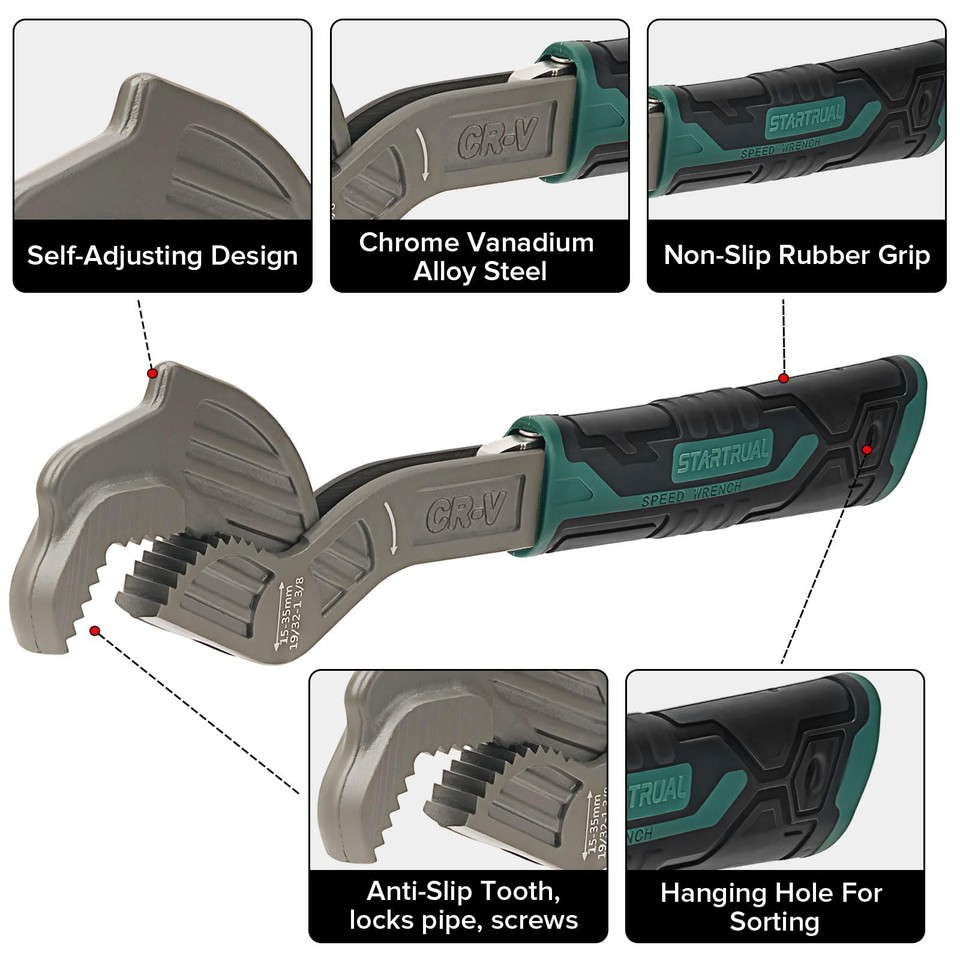 3-Piece Self Adjustable Pipe Wrench, 6” 8” 10” Self Locking Wrench ...