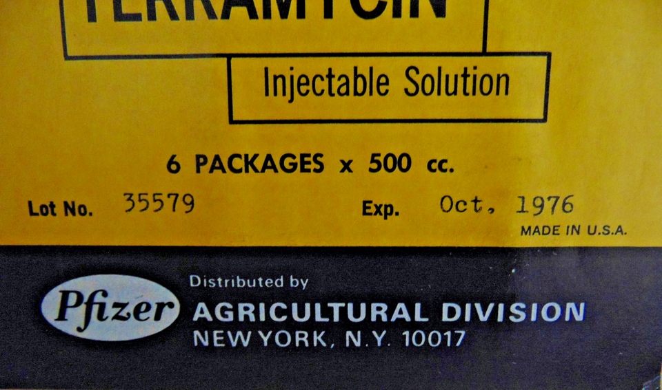 Vintage Pfizer Terramycin Label/Ag Division/Inj Solution/Exp 10/1976 ...