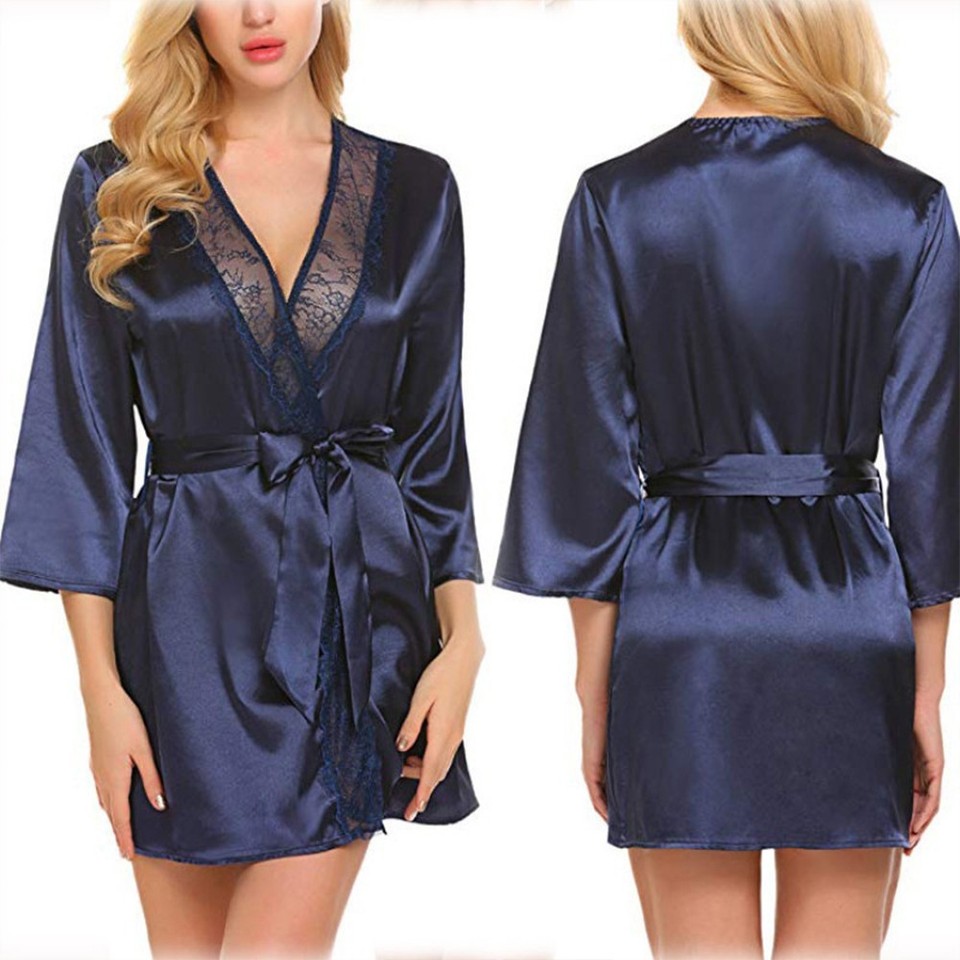 Women Sexy Satin Silk Lace Bathrobe Dressing Gown Lingerie Sleepwear ...
